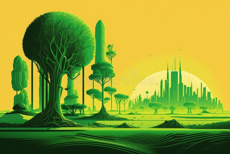 Green Fields with Trees Skyline in the Distance Illustration ...