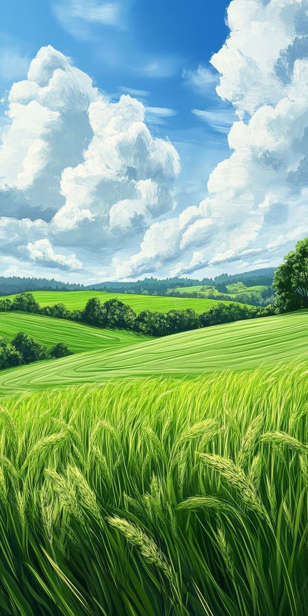 Green Fields Under a Cloud-Filled Sky Stock Illustration - Illustration ...