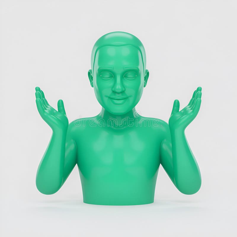 Green Figure with Raised Hands in a Meditative Pose on a White Surface ...