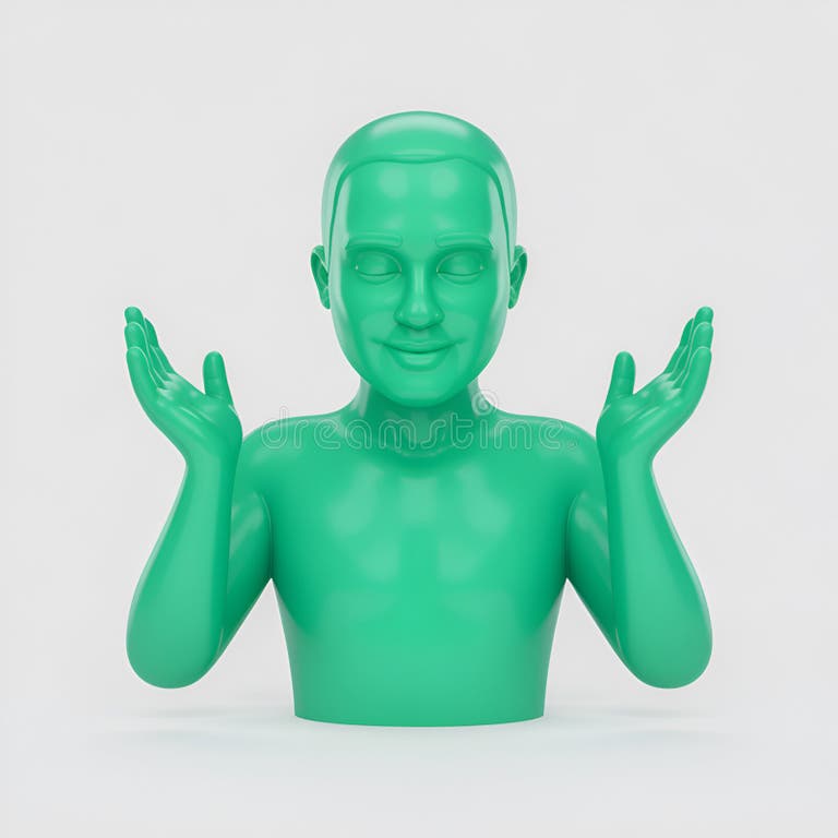 Green Figure with Raised Hands in a Meditative Pose on a White Surface ...