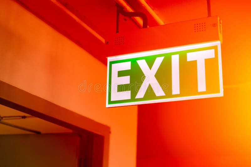 Green Fire Exit Sign Light at Emergency Stock Photo - Image of people ...