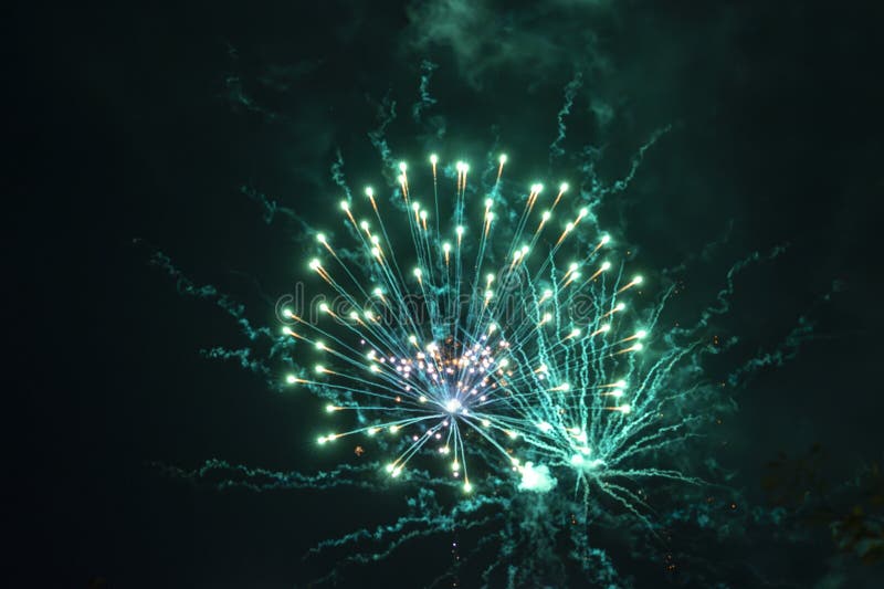 Green Firework in the Smoky Night Sky. Stock Photo - Image of telephoto ...