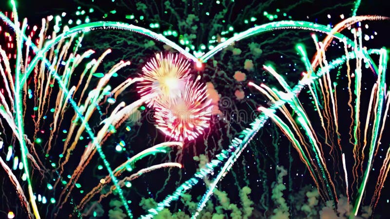 Green Fireworks Bursting Bright Trails Sparks Night Sky Celebration ...
