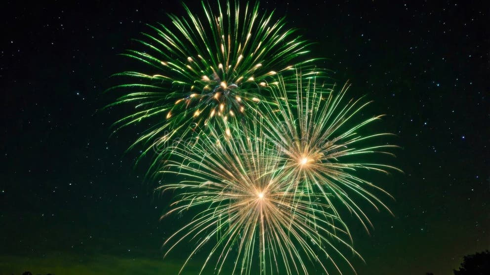 Green Fireworks Exploding in Night Sky with Stars Stock Image - Image ...