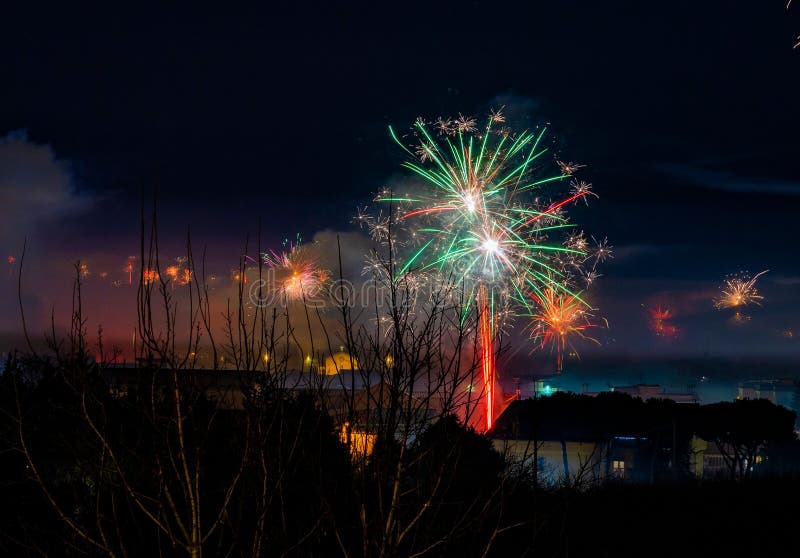 Green Fireworks in the Sky at Night. Naples, Italy Stock Image - Image ...