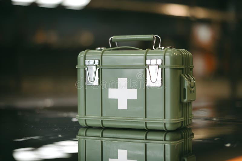 Green First Aid Kit on Reflective Surface, Dim Background Emphasizes ...