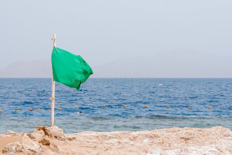 Green Flag on the Beach. Suny Day Vacation Seascape Stock Image - Image ...