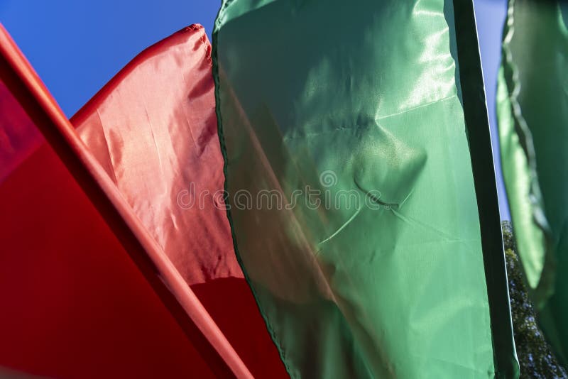 Green Flags Set Up during the Celebration in Windy Weather Stock Image ...