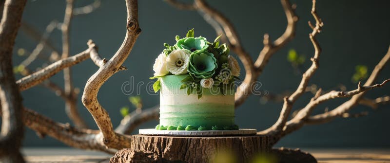 A Green Floral Cake with a Wooden Base and Branches Stock Photo - Image ...