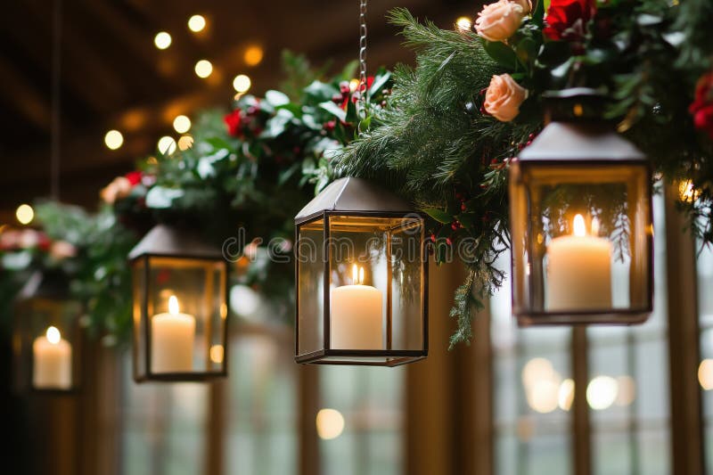 Green Floral Garland with Candle Lanterns. Stock Illustration ...