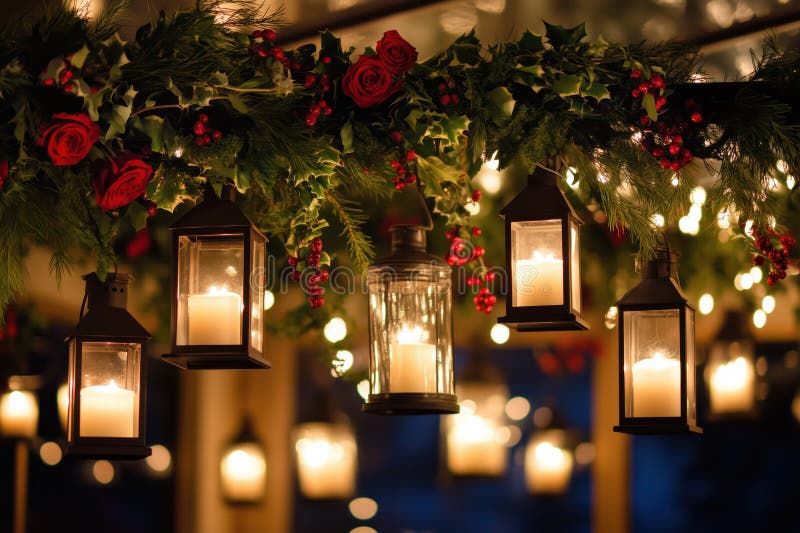 Green Floral Garland with Candle Lanterns. Stock Illustration ...