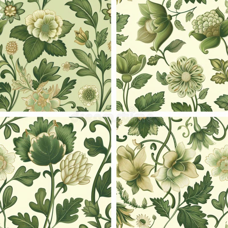 Green Floral Patterns in Four Square Designs. Seamless Vintage Textile ...