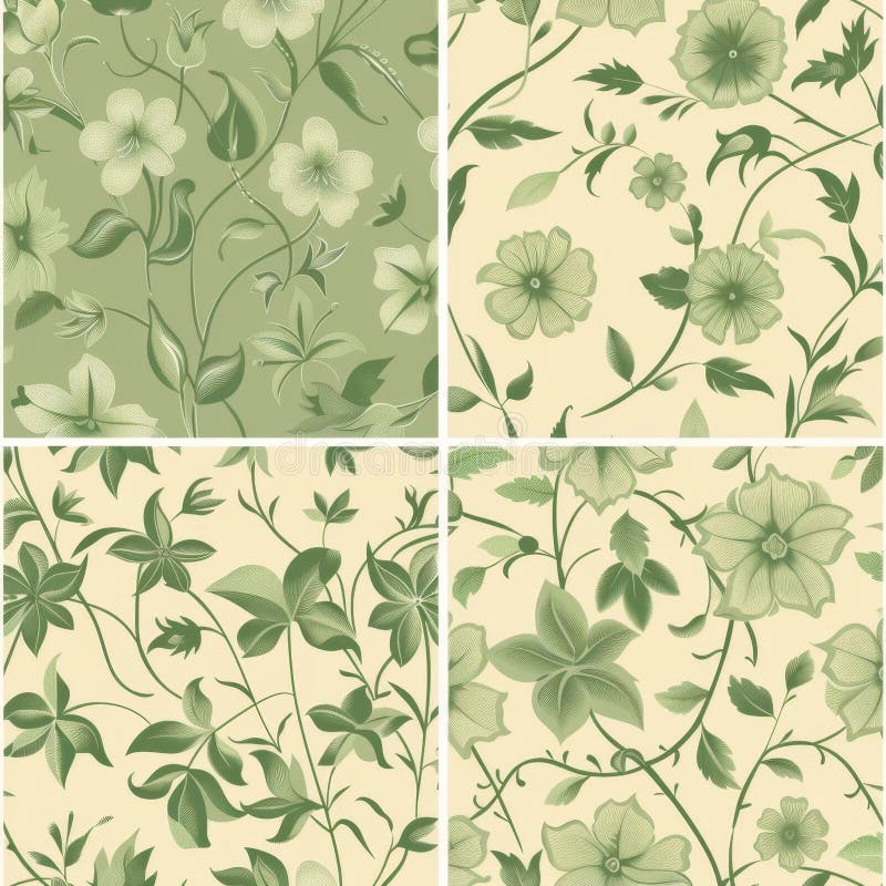 Green Floral Patterns in Four Square Designs. Seamless Vintage Textile ...
