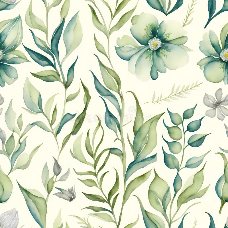 Green Flower and Leaves Seamless Pattern Stock Illustration ...