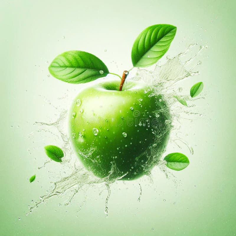A Green Flying Apple with Two Leaves and Splashed with Water on a Light ...
