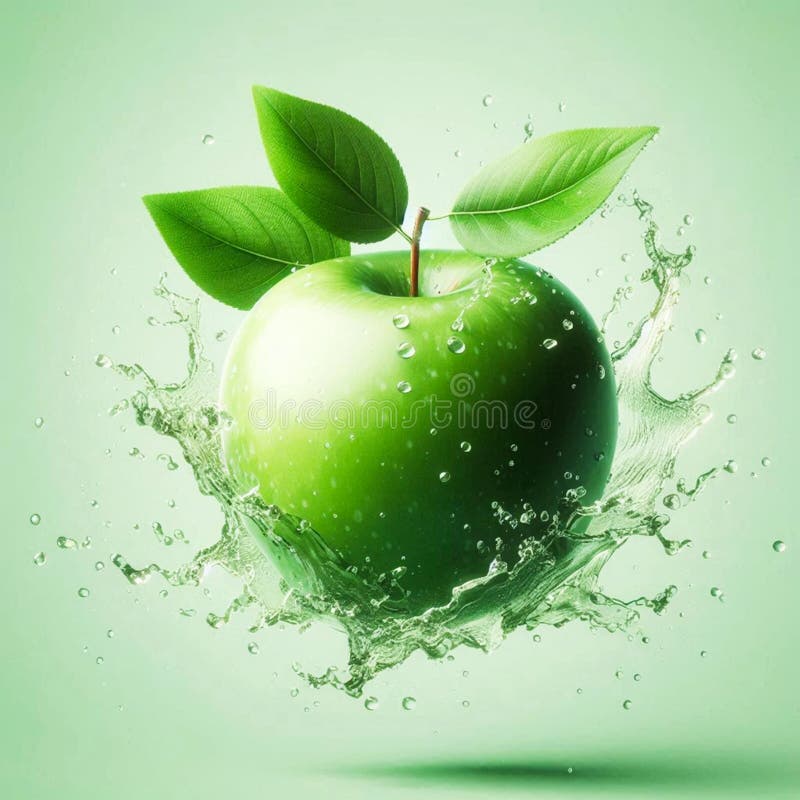 A Green Flying Apple with Two Leaves and Splashed with Water on a Light ...