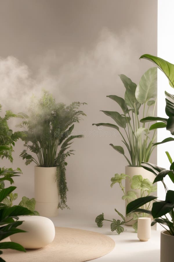 Green Foggy Studio with Plants and Lighting Effects. Stock Photo ...
