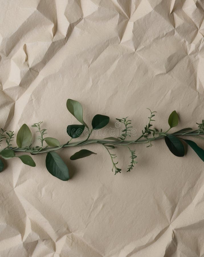 Green Foliage Border on Crumpled Paper Background - Nature Texture ...