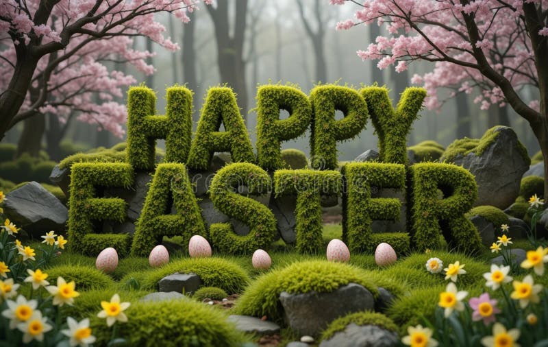 Green Foliage Forms the Words "Happy Easter" in a Forest Setting Stock ...