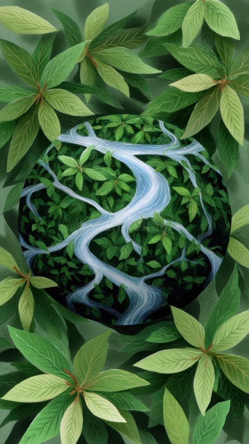 Green Foliage Sphere with Abstract River Illustration Fresh Nature ...