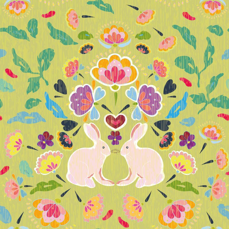 Green Folk Art Pattern with Bunny. Stock Vector - Illustration of ...