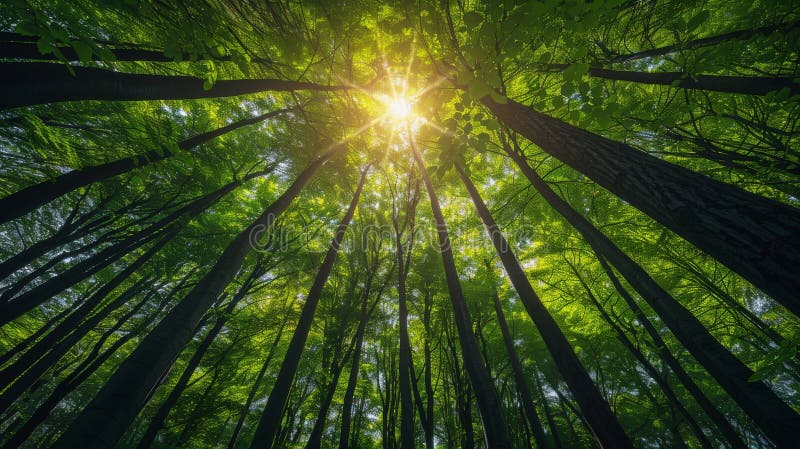 Green Forest of Beech Trees, Looking Up and Sun Rays Shining through ...