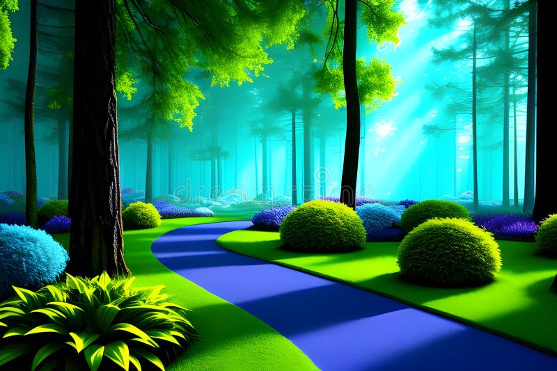 Green Forest with Blue Path and Green Grass. Stock Illustration ...