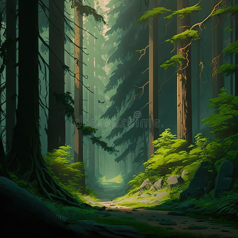 Green Forest in a Catoon Style Illustration Design Art Stock ...