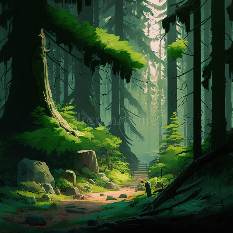 Green Forest in a Catoon Style Illustration Design Art Stock ...