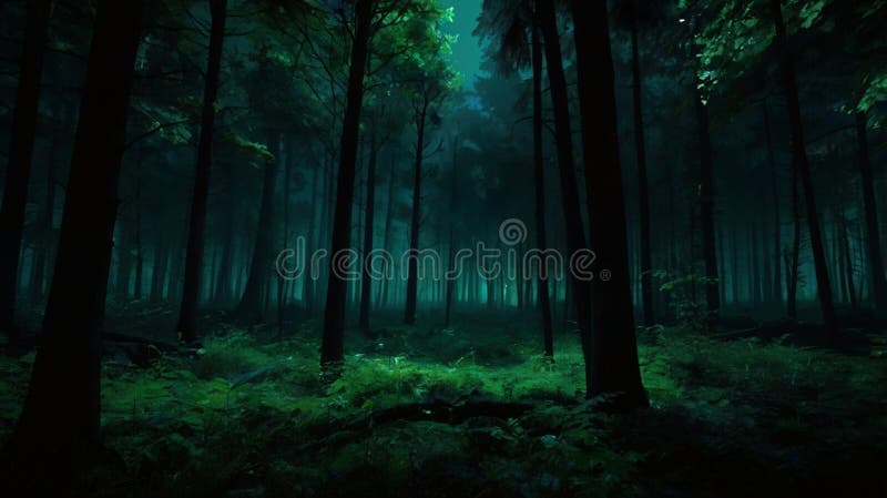 The Green Forest and a Dark Night View with Green Trees Stock Image ...