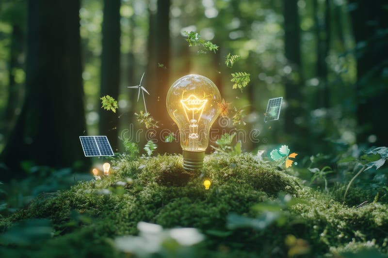 Green Forest with Grass and Moss with a Light Bulb. an Example of ...