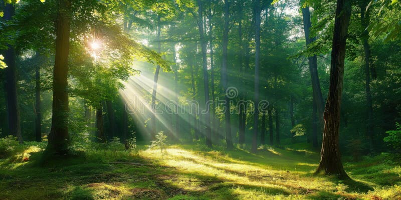Green Forest Landscape with Sunlight Filtering through Trees Creating a ...
