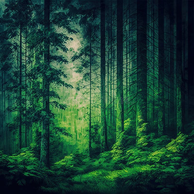 Green Forest in a Oil Texture Illustration Design Art Stock ...
