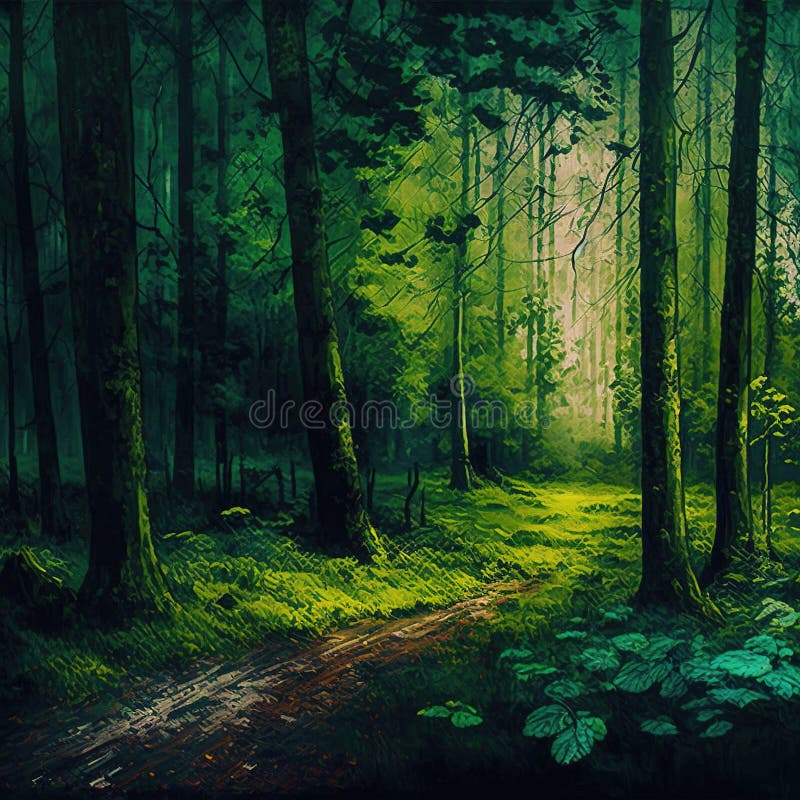 Green Forest in a Oil Texture Illustration Design Art Stock ...