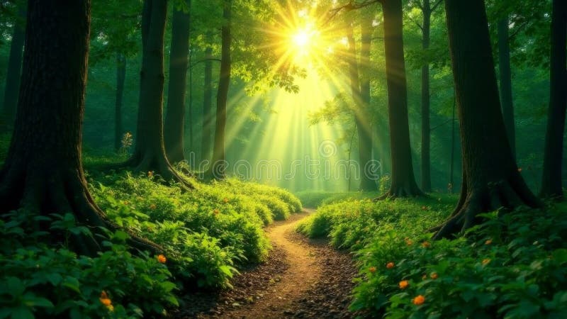 Green Forest with a Path with Light in the Distance Stock Image - Image ...