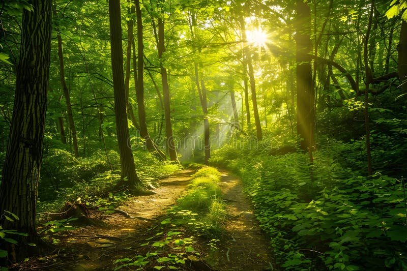 Green Forest Path in Summer. Sunrays Breaking through Stock Image ...