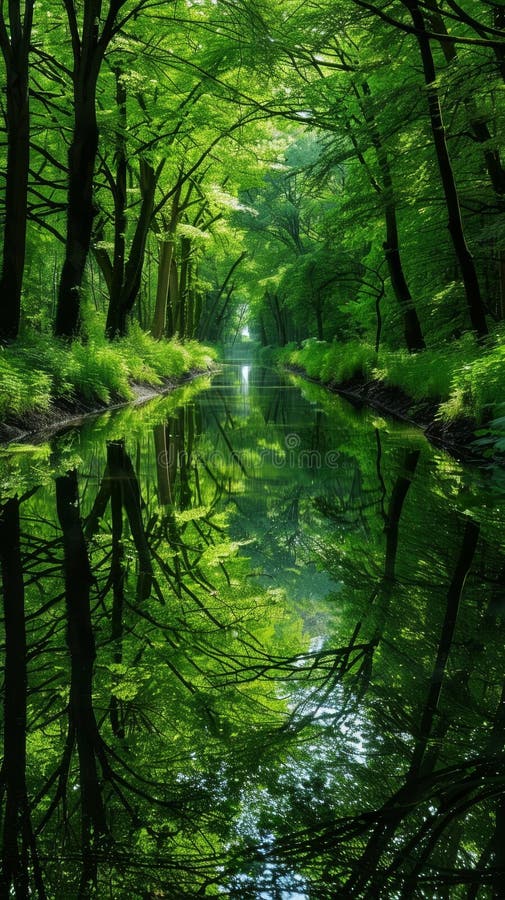 Green Forest with a Serene Reflective Water Canal Stock Photo - Image ...