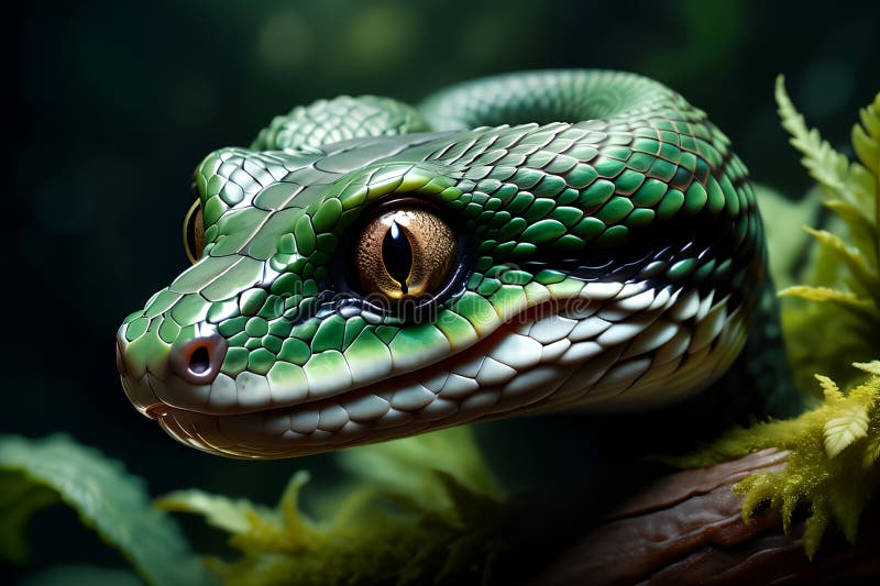 A Green Forest Snake Crawls Along an Old Tree in the Forest. Stock ...