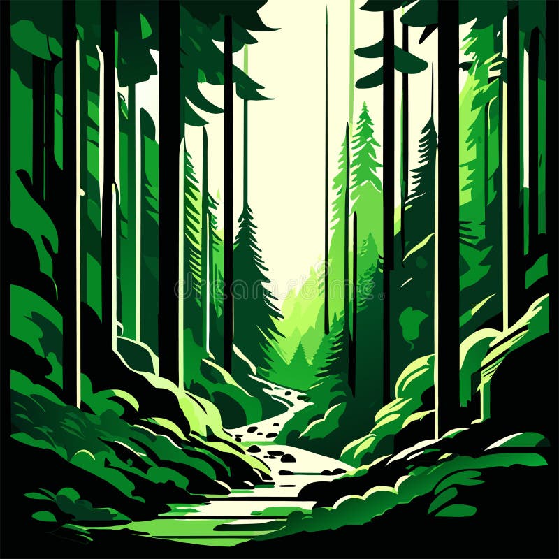 Green Forest with a Stream in the Middle. Vector Illustration in ...