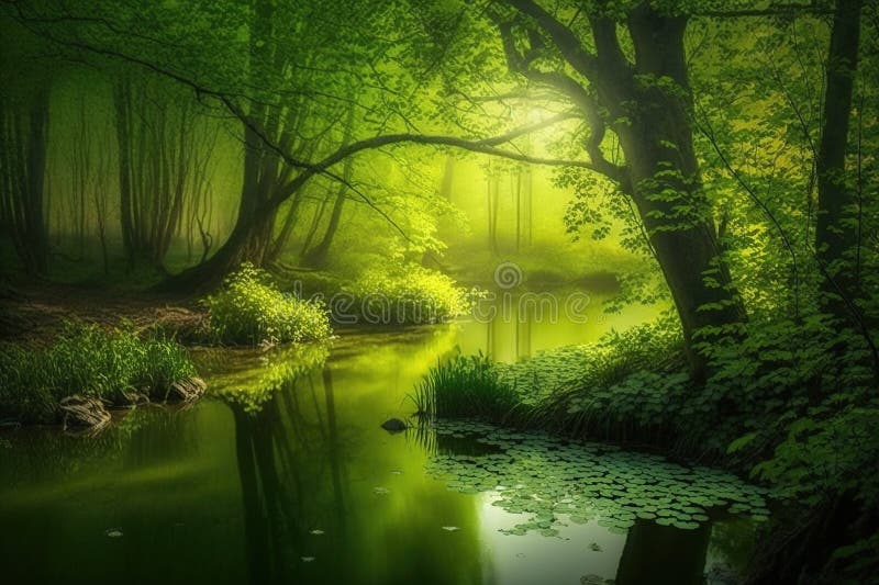 A Green Forest with a Stream Running through the Center of it Stock ...