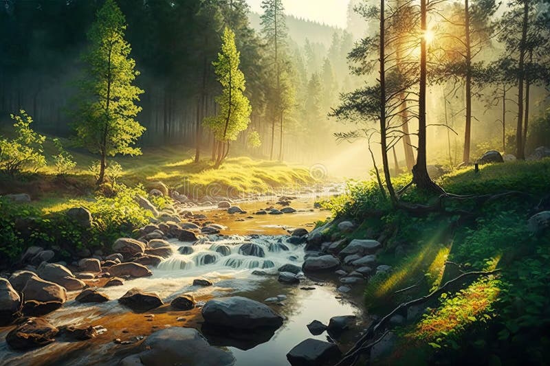 Green Forest and Forest Stream at Sunset,Generative AI Stock ...