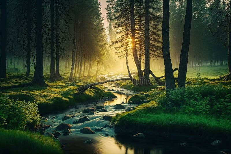 Green Forest and Forest Stream at Sunset,Generative AI Stock ...