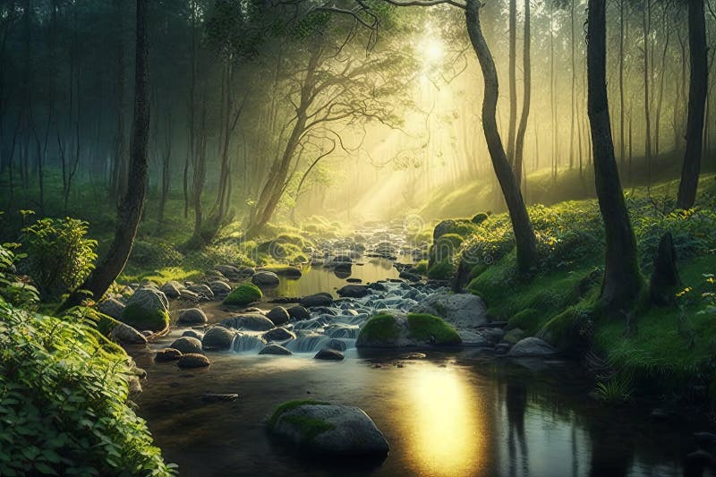 Green Forest and Forest Stream at Sunset,Generative AI Stock ...