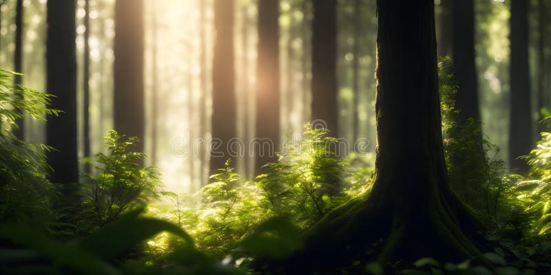 Green Forest with Sun Rays through Branches of Trees. Scenery of Nature ...