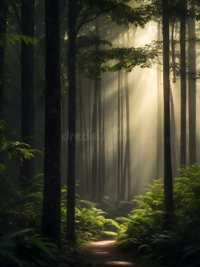 Green Forest with Sun Rays through Branches of Trees. Scenery of Nature ...