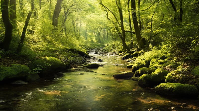 Green Forest in Sunlight with Forest Stream. Stock Photo - Image of ...