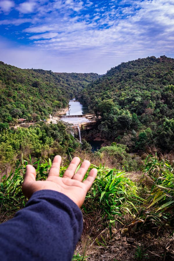 Green Forests with Human Hand and Bright Blue Sky at Morning from Flat ...
