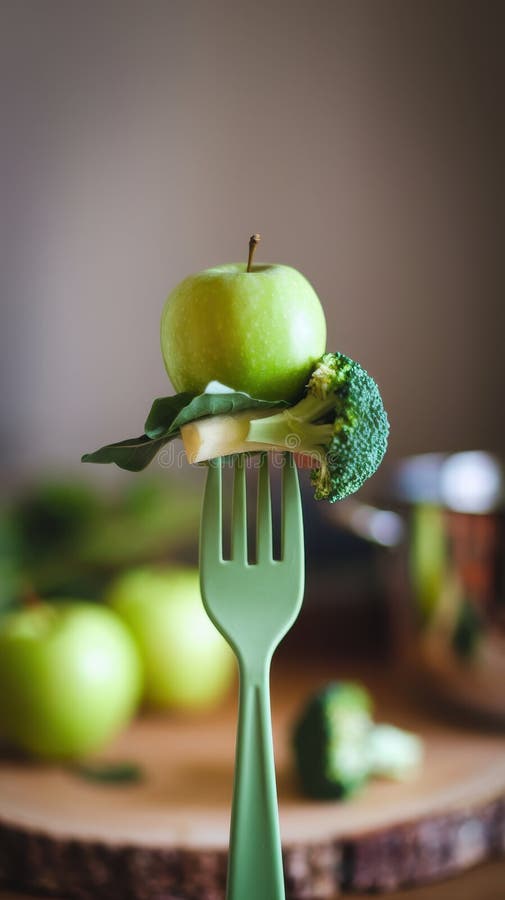 Green Fork with Apple Slice and Broccoli for Healthy Eating Theme Stock ...