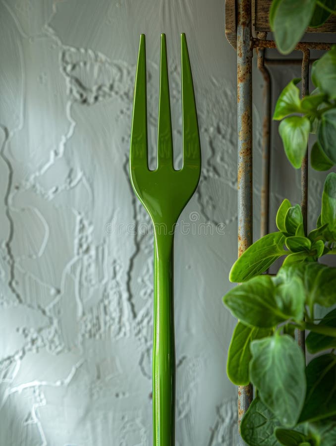 Green Fork and Plant with Rustic Background, Eco-friendly Vibe. Stock ...