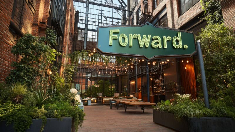 Green Forward Sign in Urban Courtyard with Plants Stock Illustration ...